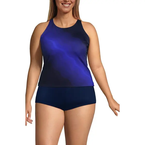 LANDS' END Dd-cup Tugless High Neck Strappy Back Tankini Swimsuit Top - Blue Wavy Ombre