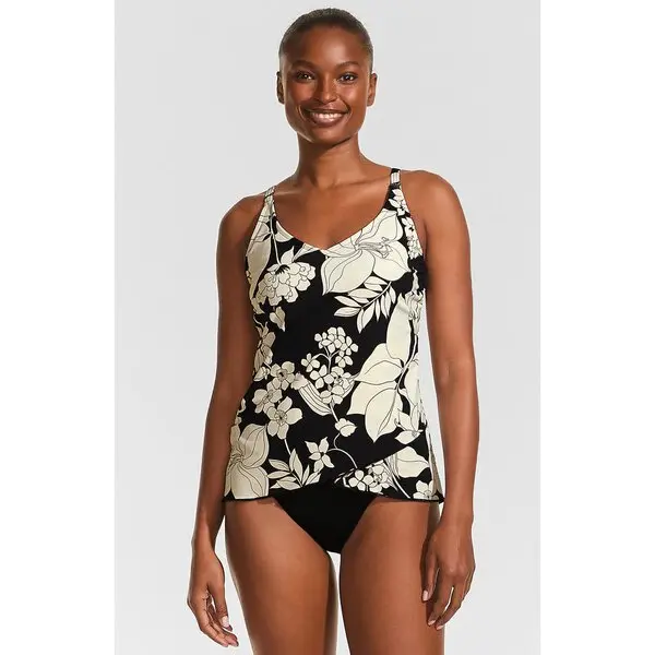 LANDS' END D-cup Chlorine Resistant V-neck Tulip Hem Tankini Top - Black/egret Lilies