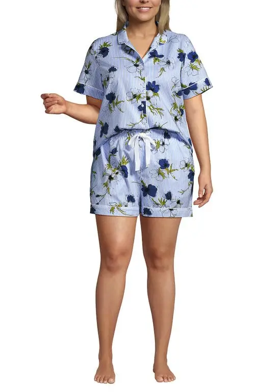 LANDS' END Cotton Poplin 2 Piece Pajama Setshort Sleeve Top And Shorts - Light Sea Blue Striped Floral