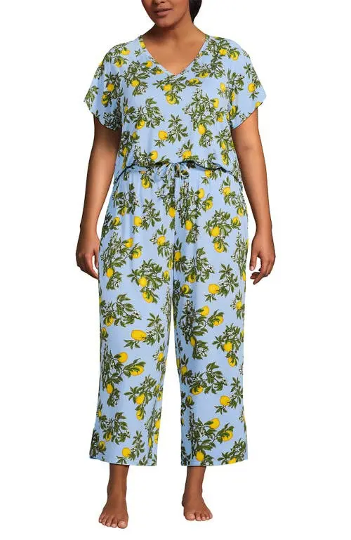 LANDS' END Cooling Pajama Setshort Sleeve Top And Crop Pants - Misty Blue Large Citrus Print