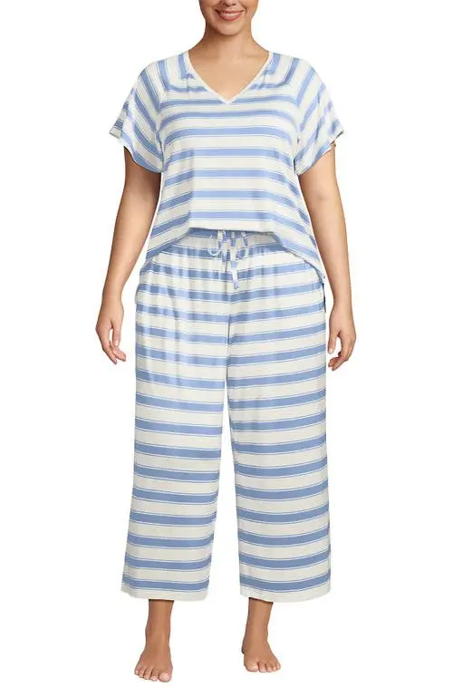 LANDS' END Cooling Pajama Setshort Sleeve Top And Crop Pants - Misty Blue Stripe