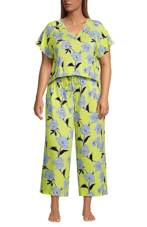 LANDS' END Cooling Pajama Setshort Sleeve Top And Crop Pants - Soft Lemoncello Etched Floral