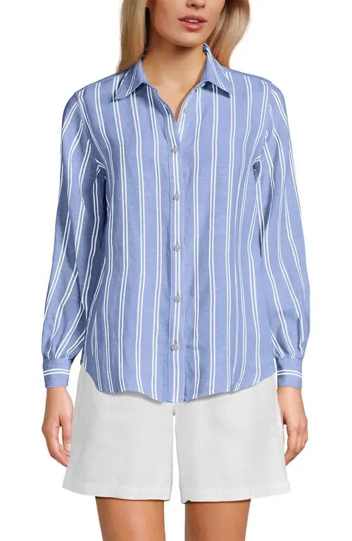 LANDS' END Linen Long Sleeve Shirt - Clear Blue Sky Double Stripe