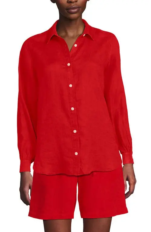 LANDS' END Linen Long Sleeve Shirt - Coral Red