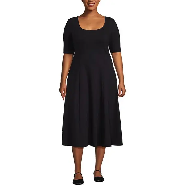 LANDS' END Starfish Elbow Sleeve Midi Fit And Flare Dress - Black