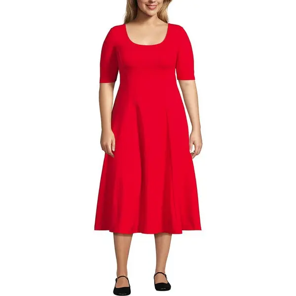 LANDS' END Starfish Elbow Sleeve Midi Fit And Flare Dress - Compass Red