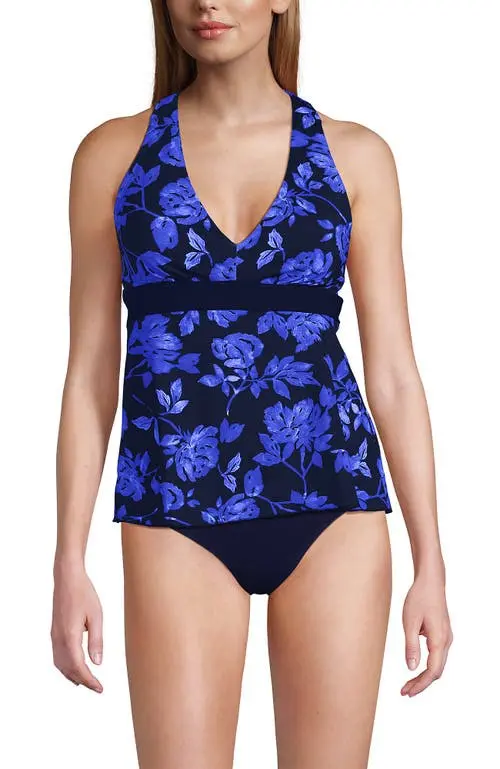 LANDS' END V-neck Racerback Flutter Tankini - Navy Graphic Floral/navy