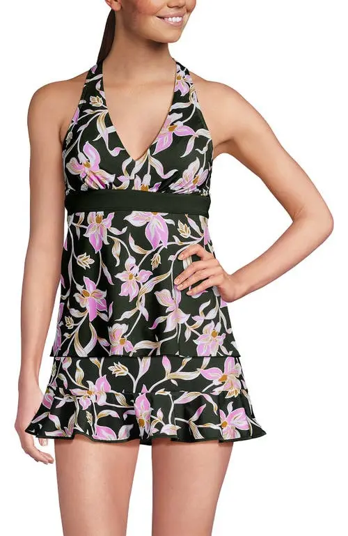 LANDS' END V-neck Racerback Flutter Tankini - Tropic Floral/rich Olive