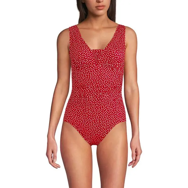 LANDS' END D-cup New Slendersuit Grecian Adjustable Low Leg One Piece - Red Mini Dot