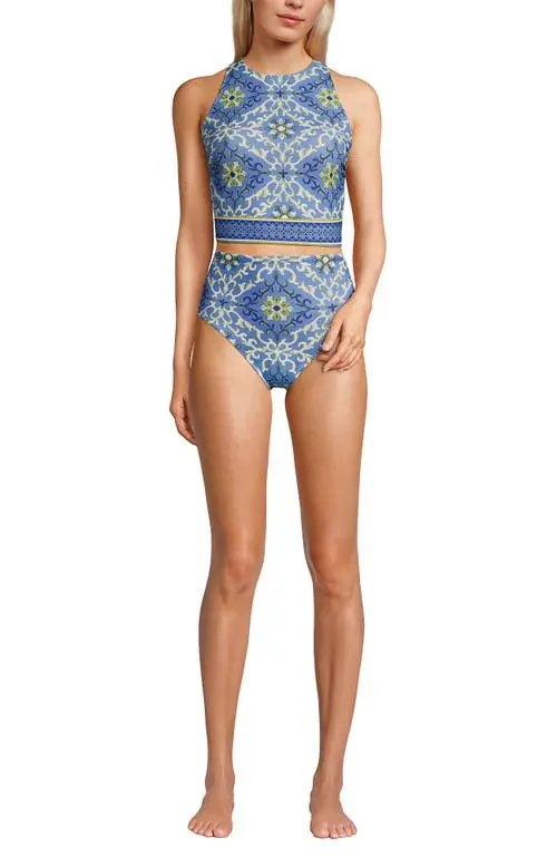 LANDS' END Tugless Portrait Back Two-piece Swimsuit Set - Lake Blue/geo Floral Border