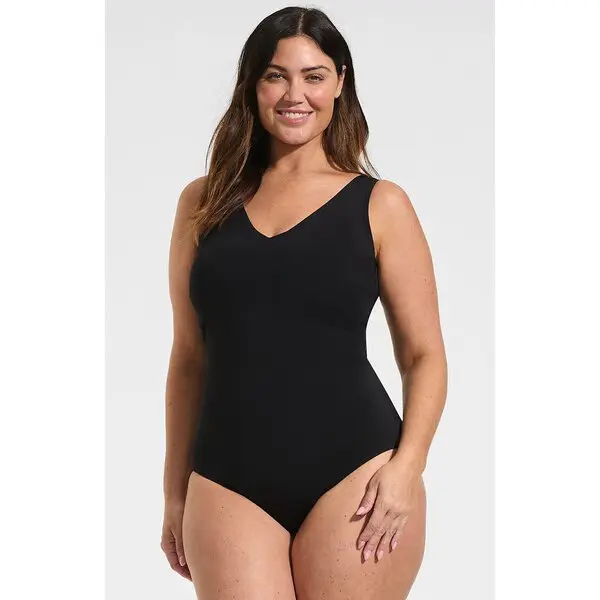 LANDS' END Tugless V-neck High Leg One Piece Swimsuit - Black