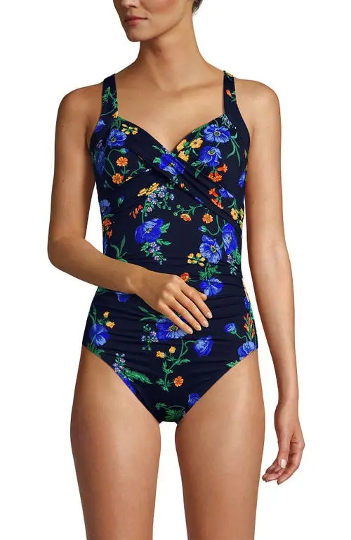 LANDS' END Sweetheart Underwire Wrap One Piece Swimsuit - Navy/tossed Poppy Floral
