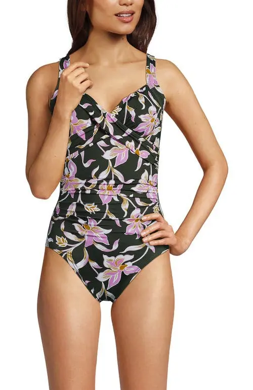 LANDS' END Sweetheart Underwire Wrap One Piece Swimsuit - Tropic Floral/rich Olive