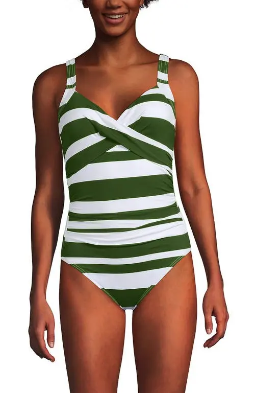 LANDS' END Sweetheart Underwire Wrap One Piece Swimsuit - White/fusion Green Stripes