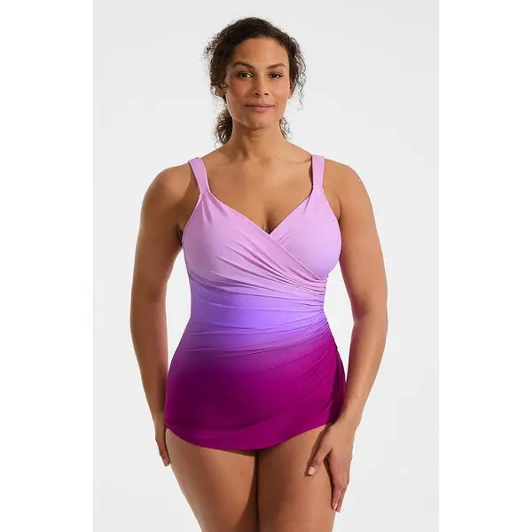 LANDS' END Slendersuit V-neck Skirted One-piece Swimsuit - Crimson Rose/purple Ombre
