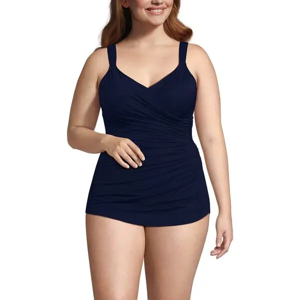 LANDS' END Slendersuit V-neck Skirted One-piece Swimsuit - Deep Sea Navy