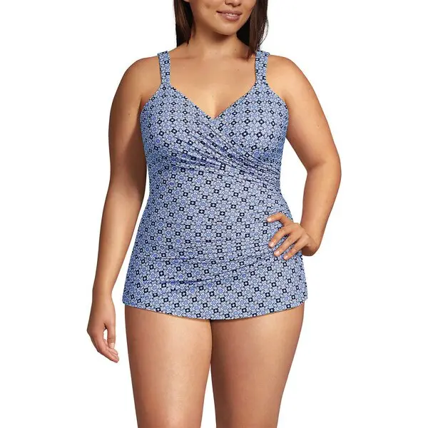 LANDS' END Slendersuit V-neck Skirted One-piece Swimsuit - Lake Blue Geo Floral