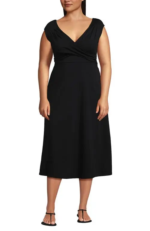LANDS' END Cotton Modal Off The Shoulder Wrap Midi Dress - Black