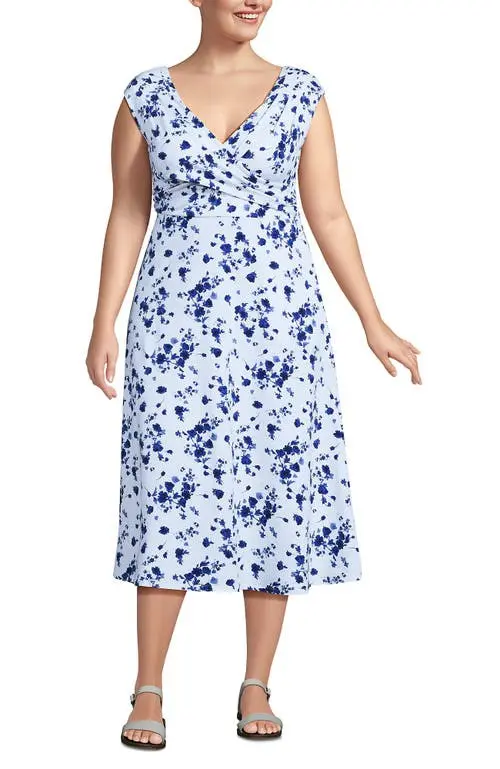 LANDS' END Cotton Modal Off-the-shoulder Wrap Midi Dress - Clearlake Blue Poetic Floral