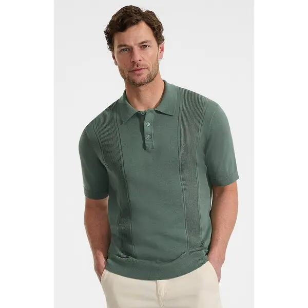 LANDS' END Short Sleeve Vertical Rib Button Down Sweater Polo - Eucalyptus