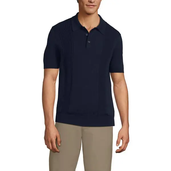 LANDS' END Short Sleeve Vertical Rib Button Down Sweater Polo - Radiant Navy