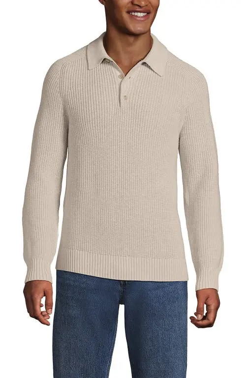 LANDS' END Long Sleeve Drifter Polo Sweater - Flax Heather