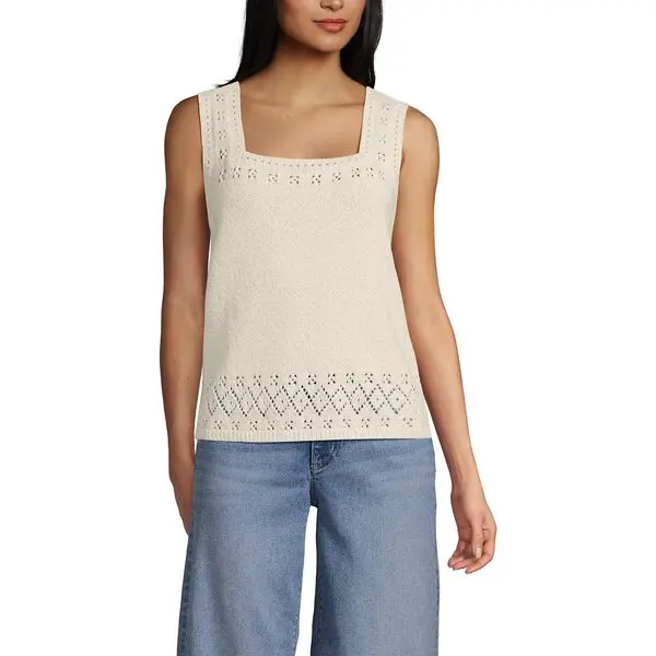 LANDS' END Pointelle Square Neck Tank Sweater - Ivory Latte