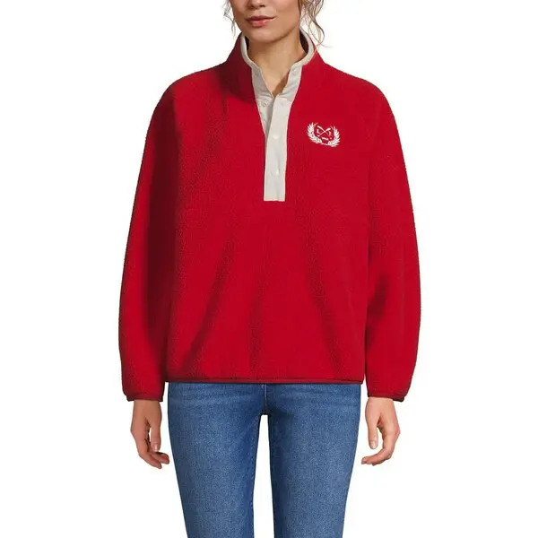 LANDS' END Fleece Snap Neck Pullover - Compass Red