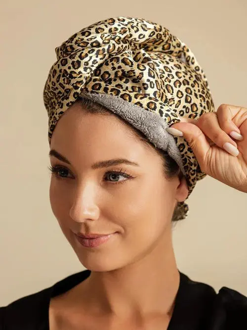 SILKSILKY Pure Silk Hair Towel Wrap - Leopard
