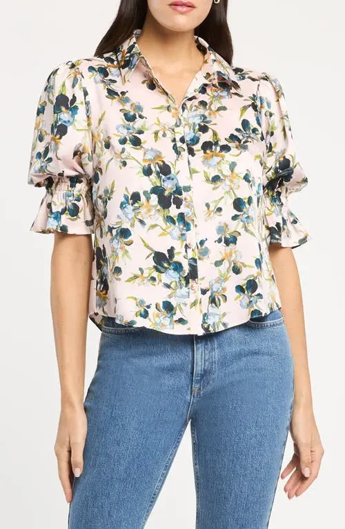 Cinq À Sept Trailing Iris Fiona Floral Button-up Top - Rosy Cloud Multi