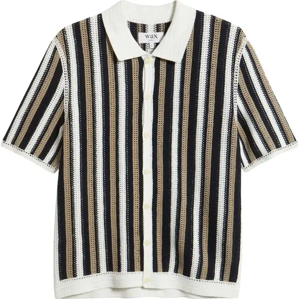 WAX LONDON Porto Stripe Crochet Knit Polo - Ecru/black