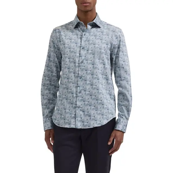 Bugatchi Axel Trim Fit Abstract Mosaic Print Stretch Cotton Button-up Shirt - Ether