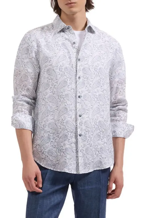 Bugatchi Julian Shaped Fit Paisley Print Linen Button-up Shirt - White