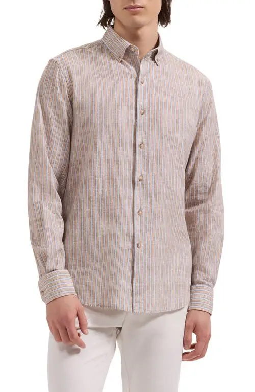 Bugatchi Austin Shaped Fit Stripe Cotton & Linen Button-down Shirt - Desert