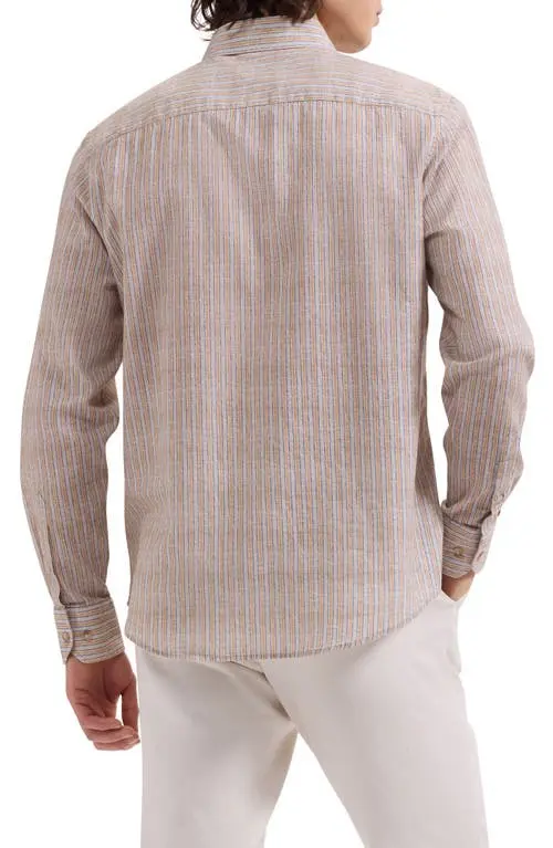 Bugatchi Austin Shaped Fit Stripe Cotton & Linen Button-down Shirt - Desert