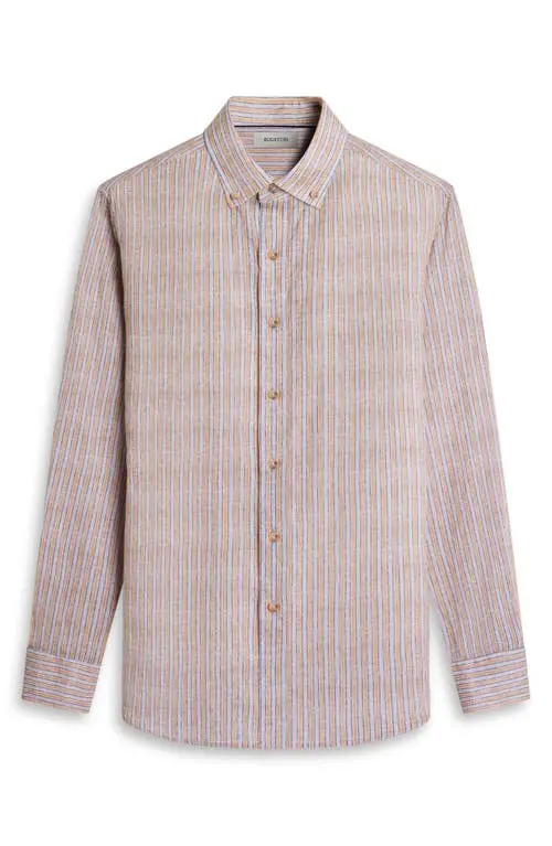 Bugatchi Austin Shaped Fit Stripe Cotton & Linen Button-down Shirt - Desert