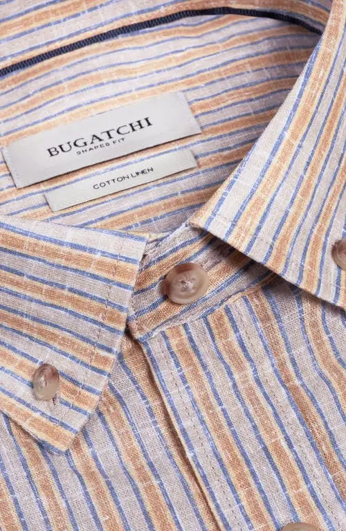 Bugatchi Austin Shaped Fit Stripe Cotton & Linen Button-down Shirt - Desert