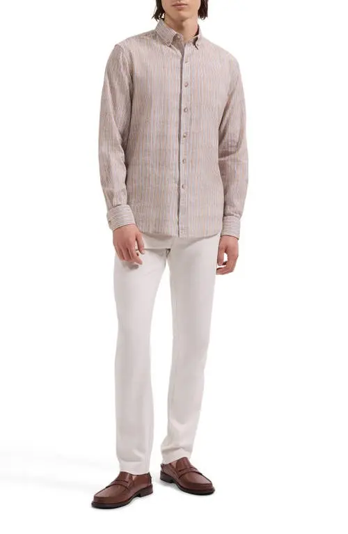 Bugatchi Austin Shaped Fit Stripe Cotton & Linen Button-down Shirt - Desert