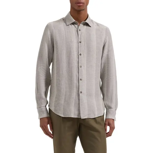 Bugatchi Julian Shaped Fit Shadow Stripe Linen Button-up Shirt - Khaki