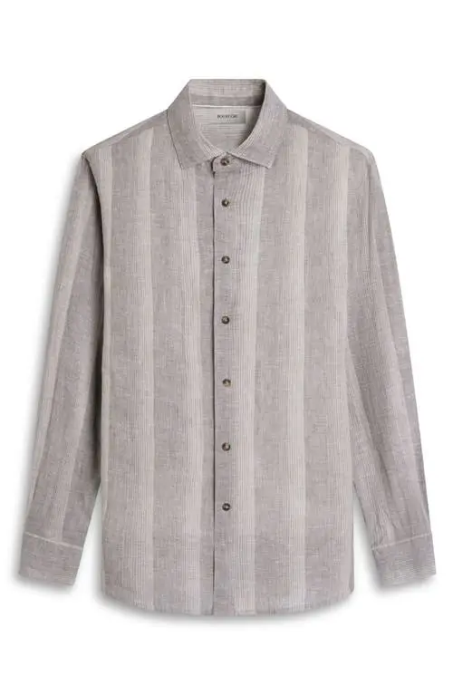 Bugatchi Julian Shaped Fit Shadow Stripe Linen Button-up Shirt - Khaki