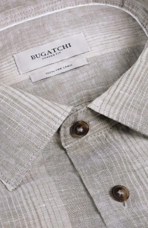 Bugatchi Julian Shaped Fit Shadow Stripe Linen Button-up Shirt - Khaki