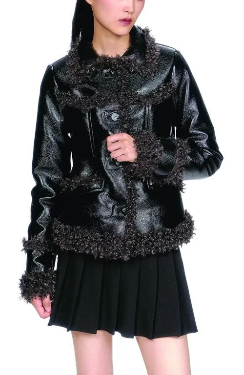 Anna Sui Faux Leather Jacket With Curly Lamb Trim