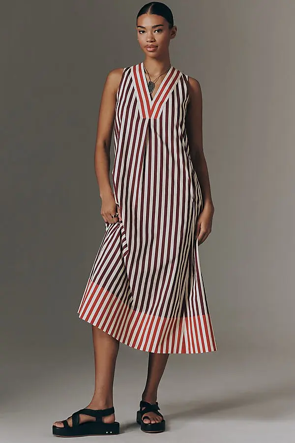 SIMONMILLER Mar V-neck Popl Midi Dress - Bordeaux Stripe Combo