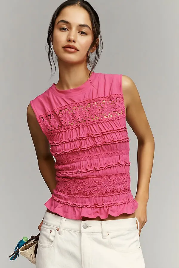 Anthropologie Smocked Lace Ruffle Tank Top - Beetroot Purple
