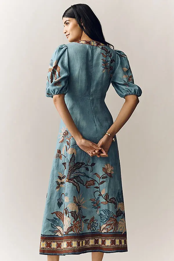 ALEMAIS Georgie Puff Sleeve Linen Midi Dress - Blue