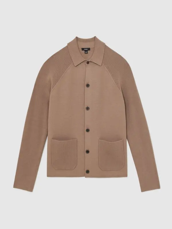 REISS Knitted Shirt With Patch Pockets - Camel Brown