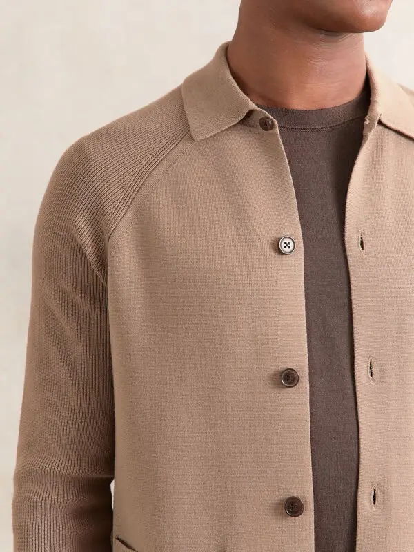 REISS Knitted Shirt With Patch Pockets - Camel Brown