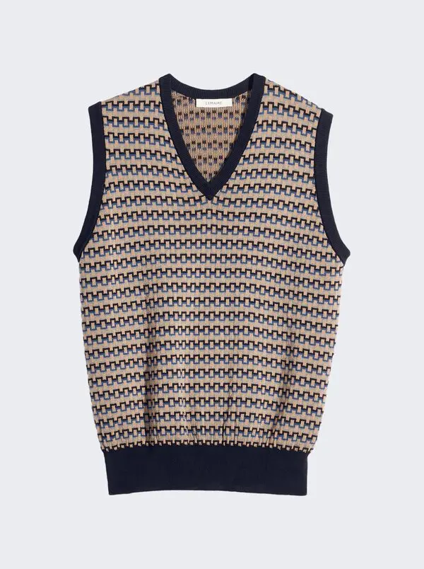 LEMAIRE V Neck Jacquard Vest Beige And Blue - Black