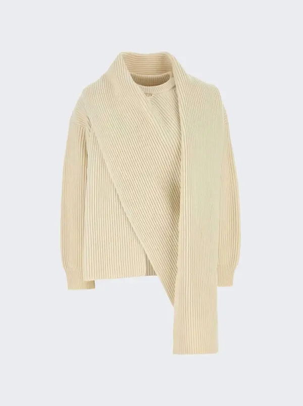 JIL SANDER Long Sleeve Jumper With Draped Scarf Neck Eggshell - White