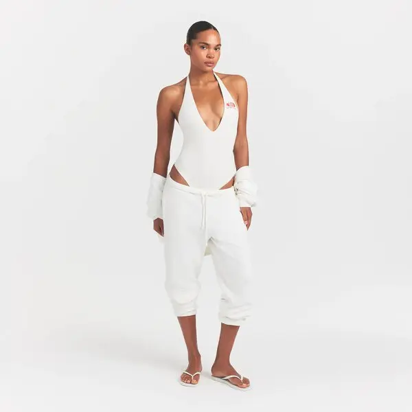 SKIMS Cotton Jersey Deep Plunge Halter Bodysuit Marble Eighty - Marble Skims Eighty